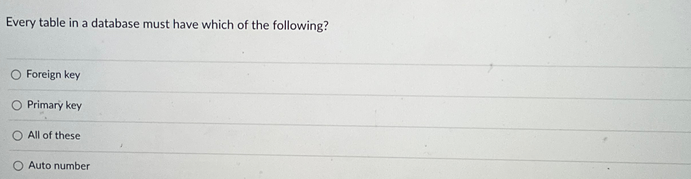 Solved Every table in a database must have which of the | Chegg.com