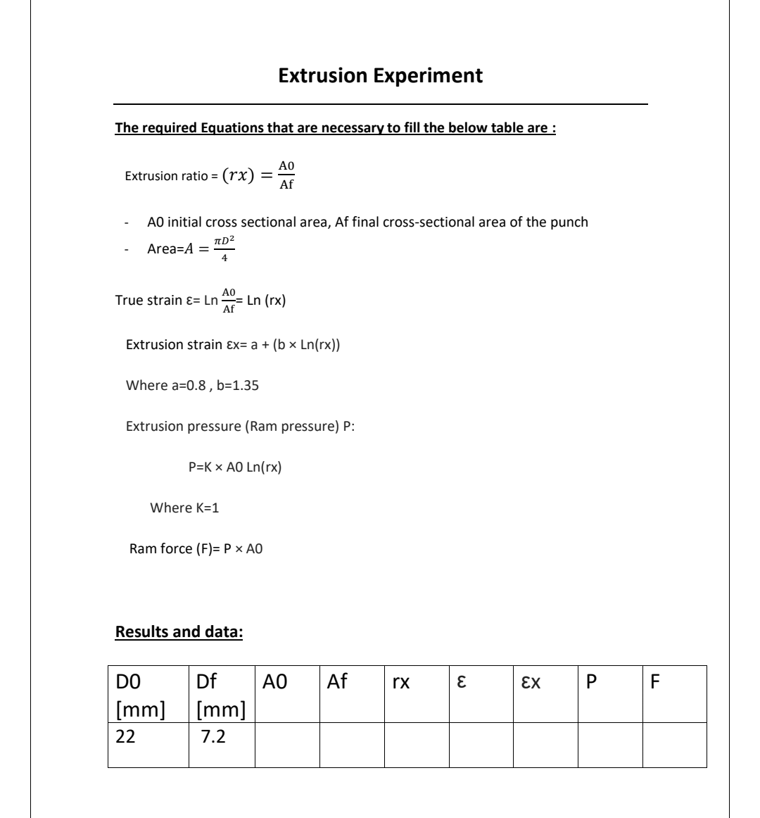 Solved Extrusion Experiment The required Equations that are | Chegg.com
