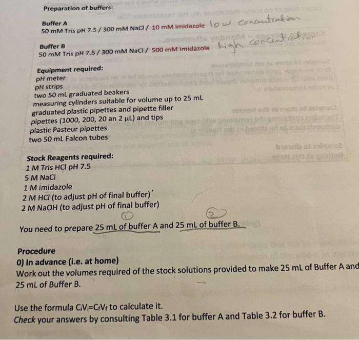 Solved 1) Preparation of 25mL of Buffer A Add the correct | Chegg.com