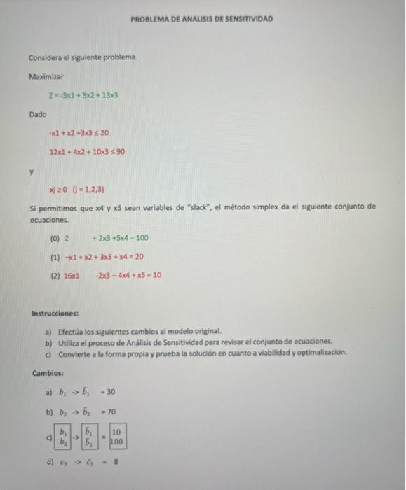 Solved SENSITIVITY ANALYSIS PROBLEM Consider the following | Chegg.com
