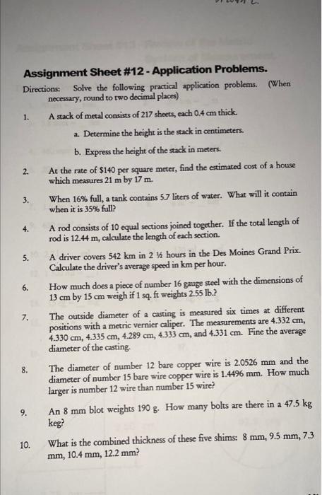 Solved Assignment Sheet \#12 - Application Problems. | Chegg.com
