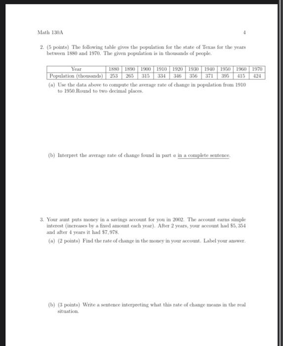 Solved Math 130A 2. (5 points) The following table gives the | Chegg.com
