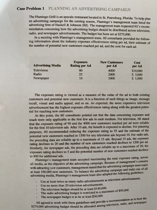 Solved Case Problem 1 PLANNING AN ADVERTISING CAMPAIGN The | Chegg.com