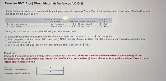 Solved Exercise 10-7 (Algo) Direct Materials Variances | Chegg.com