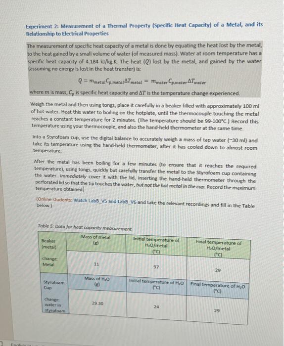 Solved Experiment 2: Measurement of a Thermal Property | Chegg.com