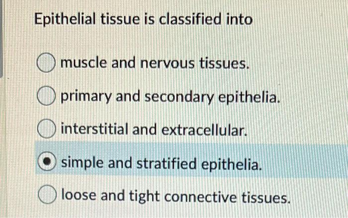 Solved Epithelial tissue is classified into muscle and | Chegg.com