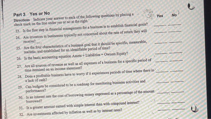 Solved Part 3 Yes or No Directions Indicate your answer to | Chegg.com