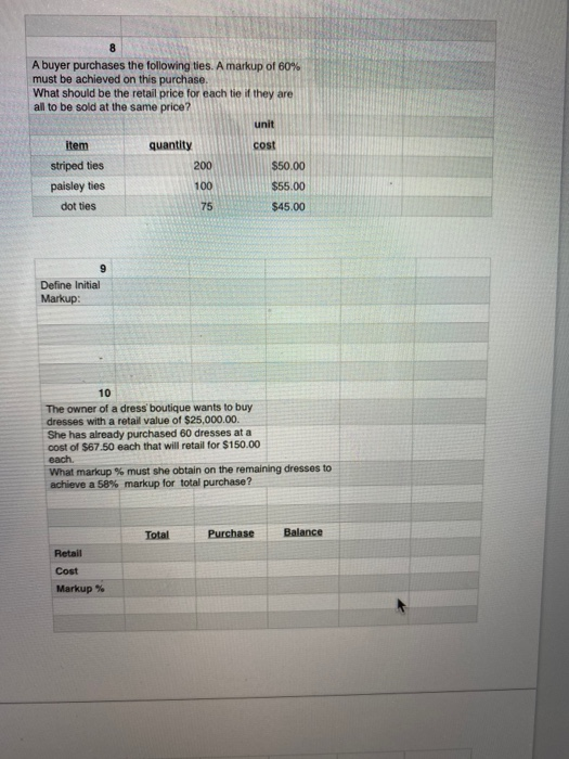 Solved A buyer purchases the following ties. A markup of 60% | Chegg.com