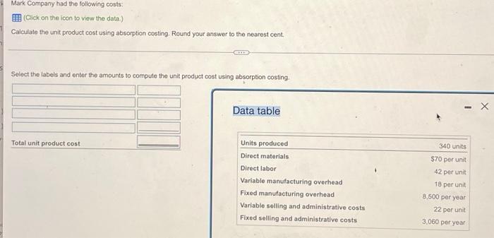 Solved Mark Company had the following costs. Click on the | Chegg.com