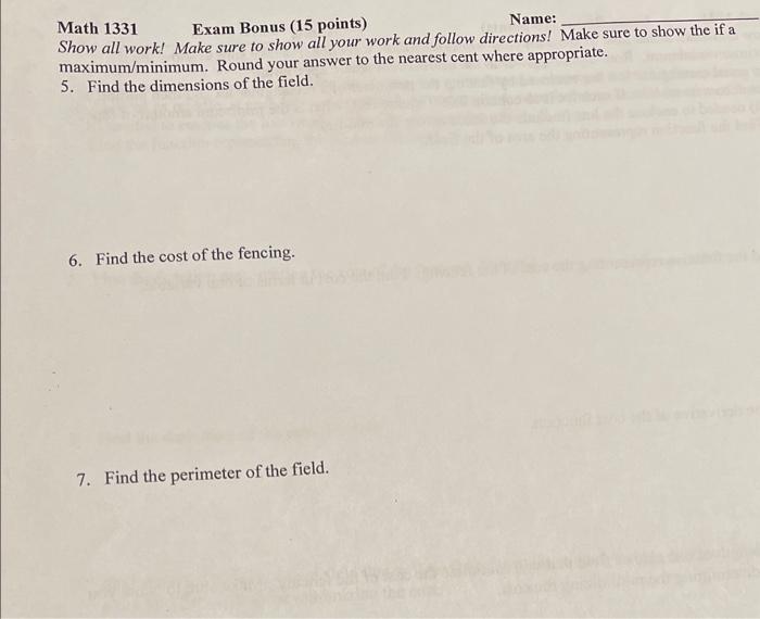 Math 1331 Exam Bonus (15 points) Name: Show all work! | Chegg.com