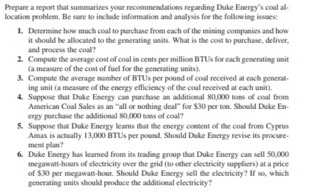 Solved Case Problem 5 ﻿Duke Energy Coal Allocation ?2Duke | Chegg.com