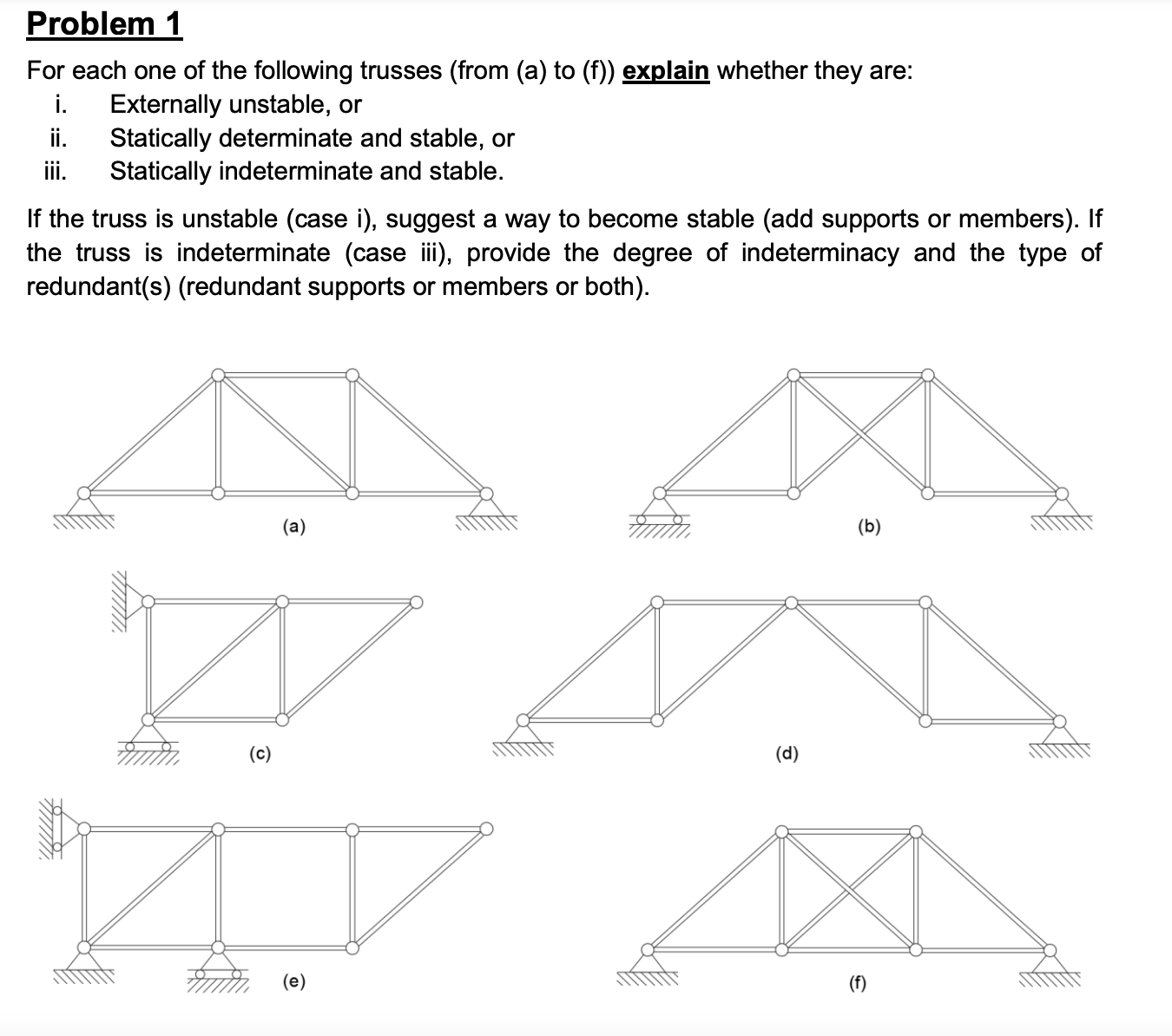 Solved Problem 1For each one of the following trusses (from | Chegg.com