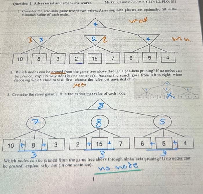 Oucstion 1: Adversarial and stochastie scarch [Marks: | Chegg.com