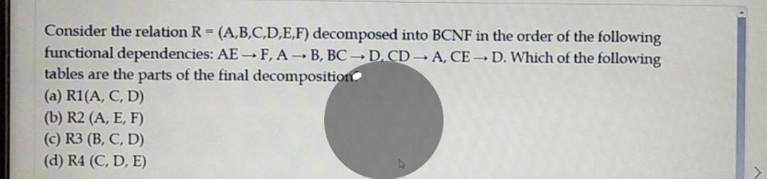 Solved Consider the relation R= (A,B,C,D,E,F) decomposed | Chegg.com