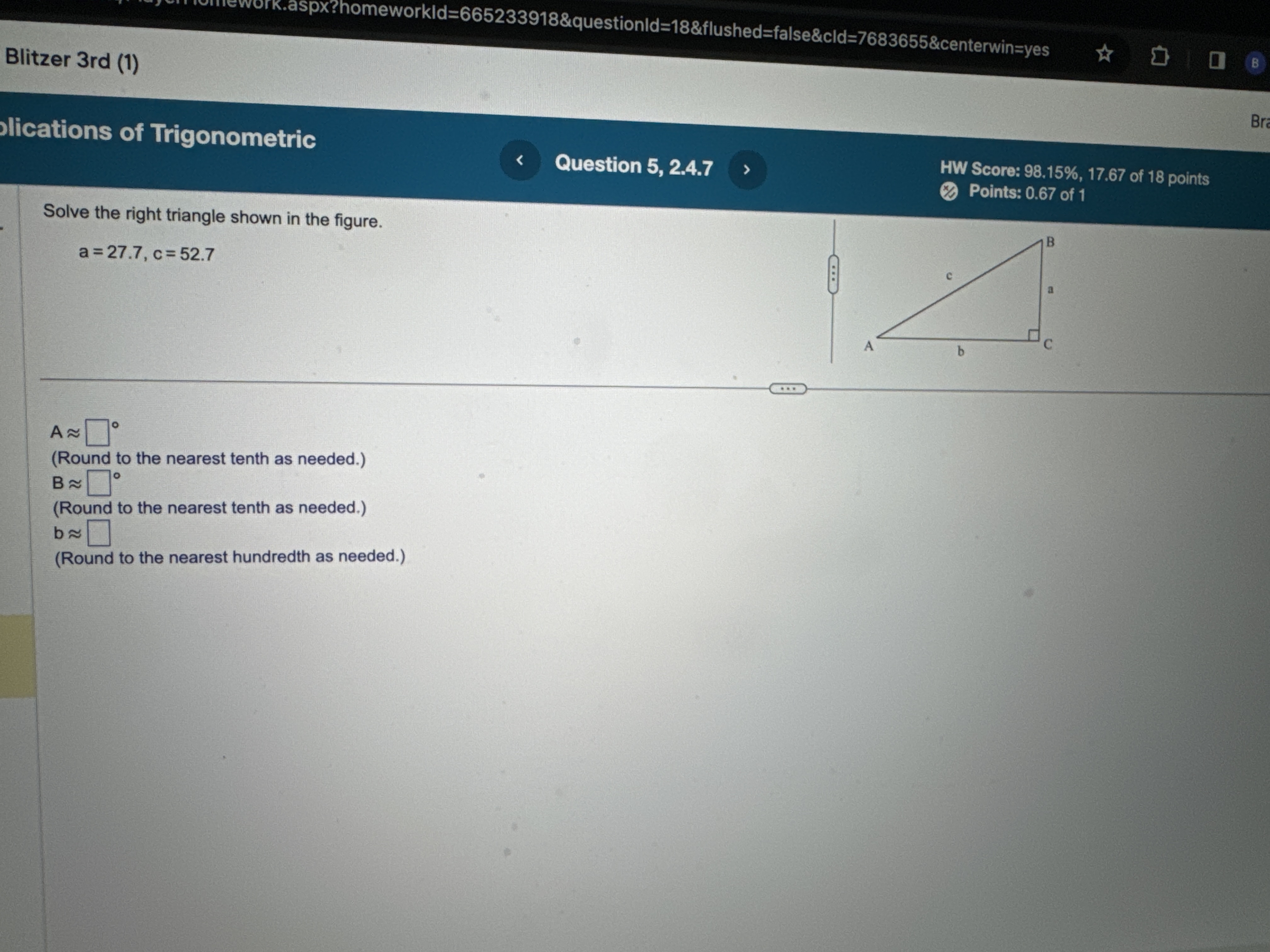 Solved Solve the right triangle shown in the | Chegg.com