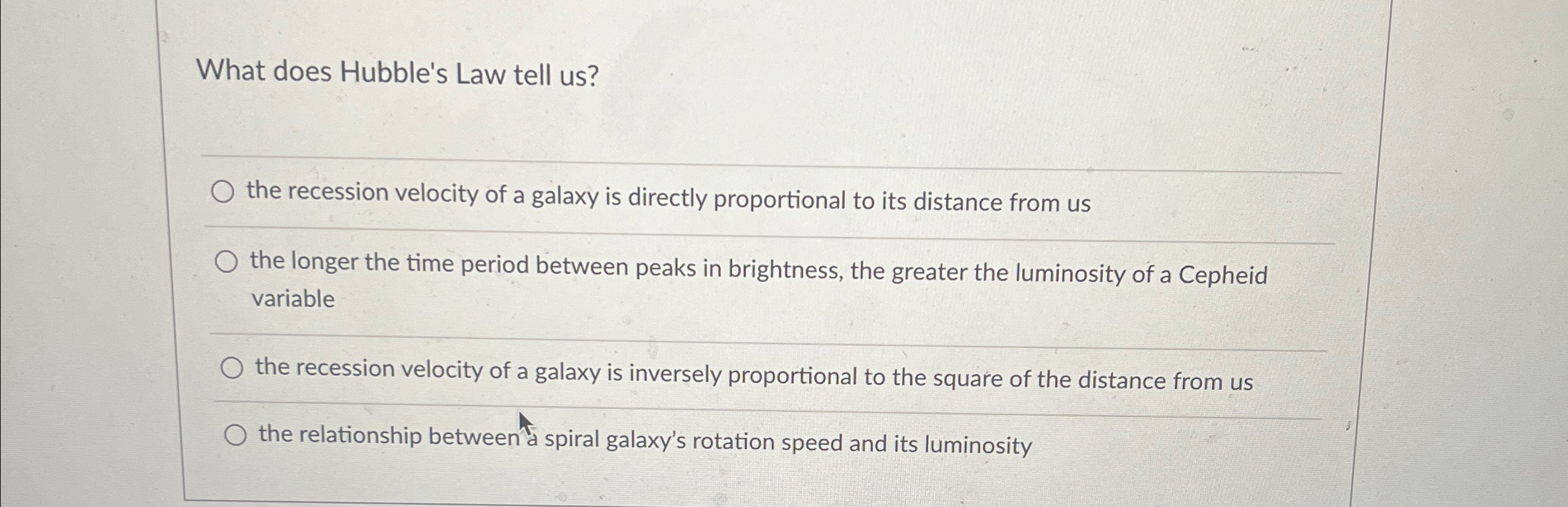 Solved What does Hubble's Law tell us?the recession velocity | Chegg.com