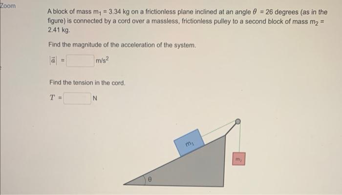 Solved A block of mass m1=3.34 kg on a frictionless plane | Chegg.com