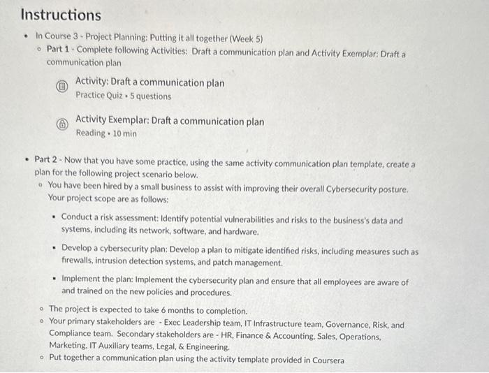 Solved Instructions - In Course 3-Project Planning: Putting | Chegg.com