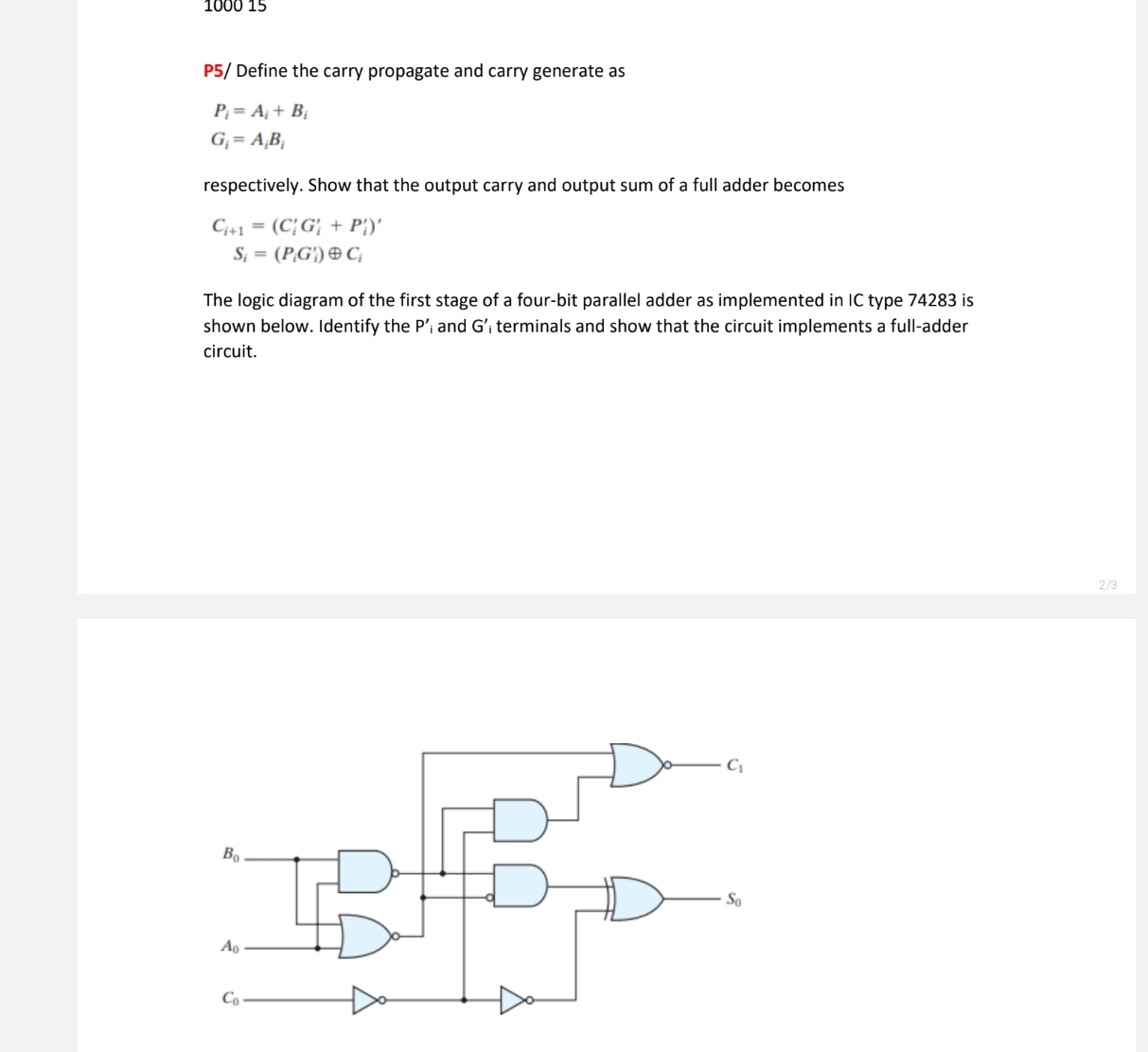 Solved P5/ ﻿Define the carry propagate and carry generate | Chegg.com