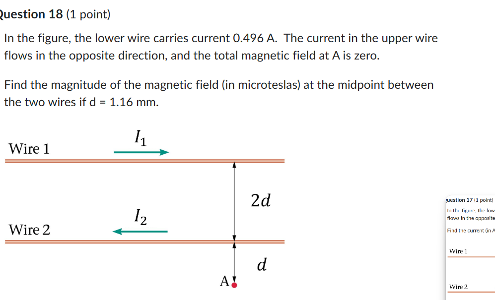 Solved uestion 17 (1 point)In the figure, the lower wire | Chegg.com Solved uestion 17 (1 point)In the figure, the lower wire | Chegg.com