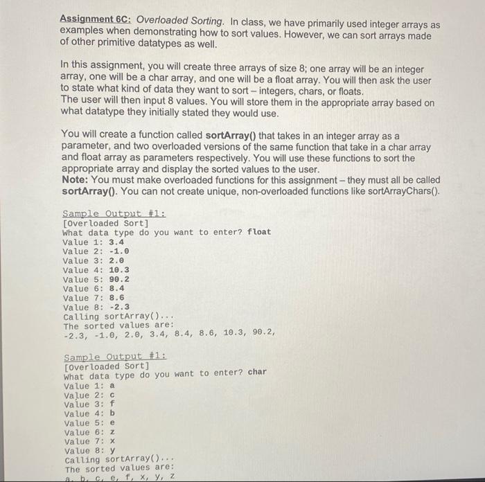 Solved Assignment 6C: Overloaded Sorting. In class, we have | Chegg.com
