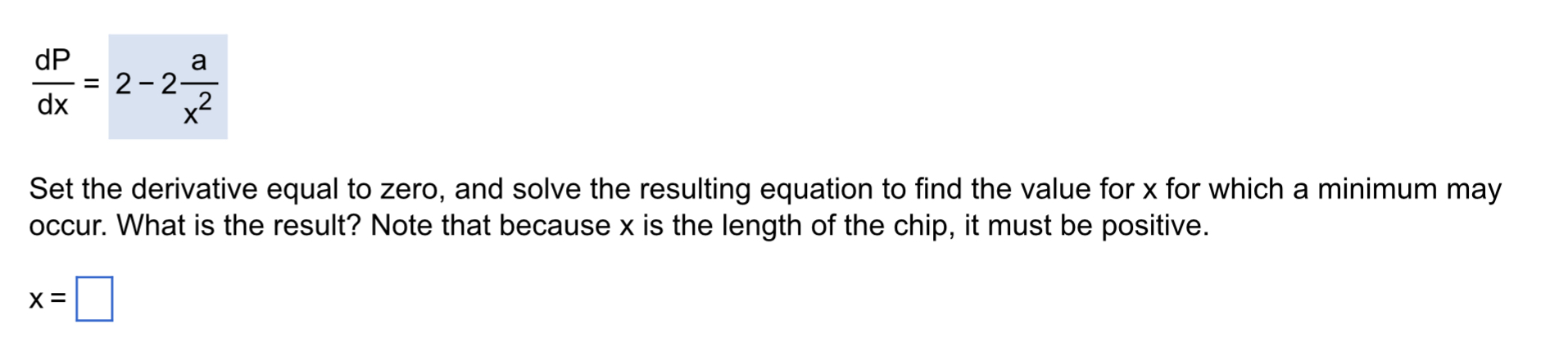 Solved dPdx=2-2ax2Set the derivative equal to zero, and | Chegg.com