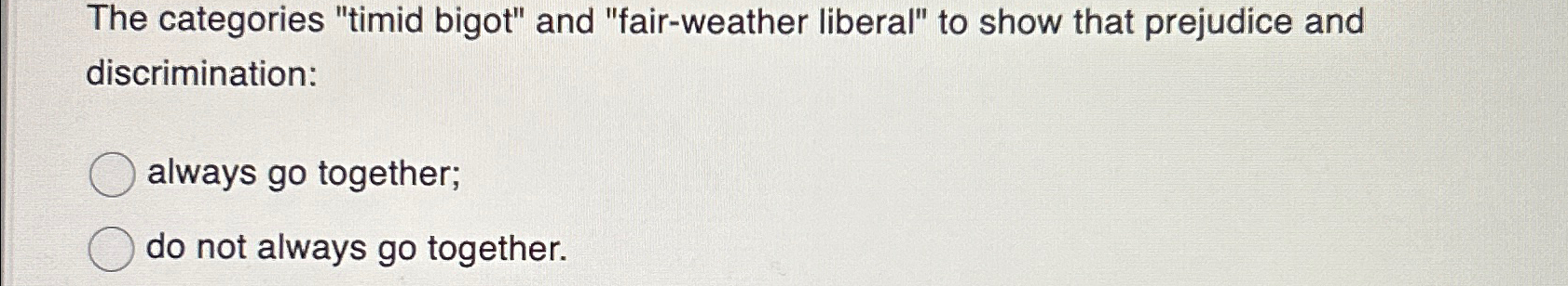 Solved The categories "timid bigot" and "fair-weather | Chegg.com