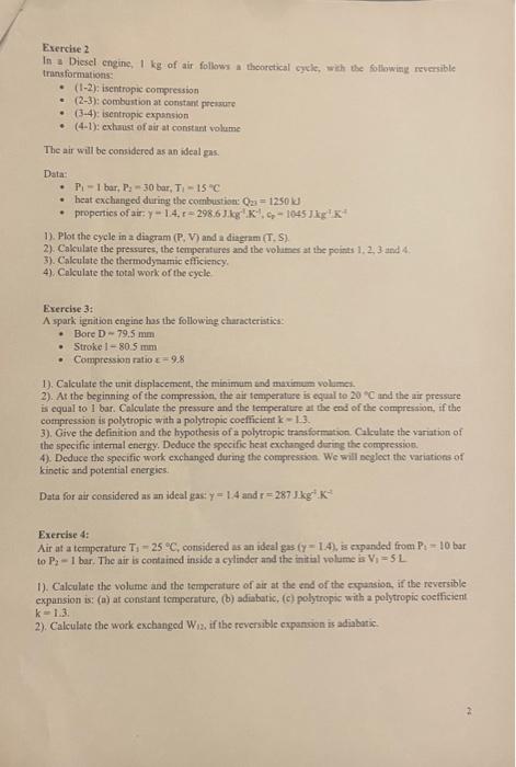 Solved Exercise 2 In a Diesel engine, 1 kg of air follows a | Chegg.com