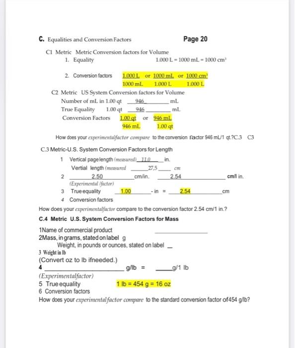 Solved 1.0047 in. C. Equalities and Conversion Factors Page | Chegg.com