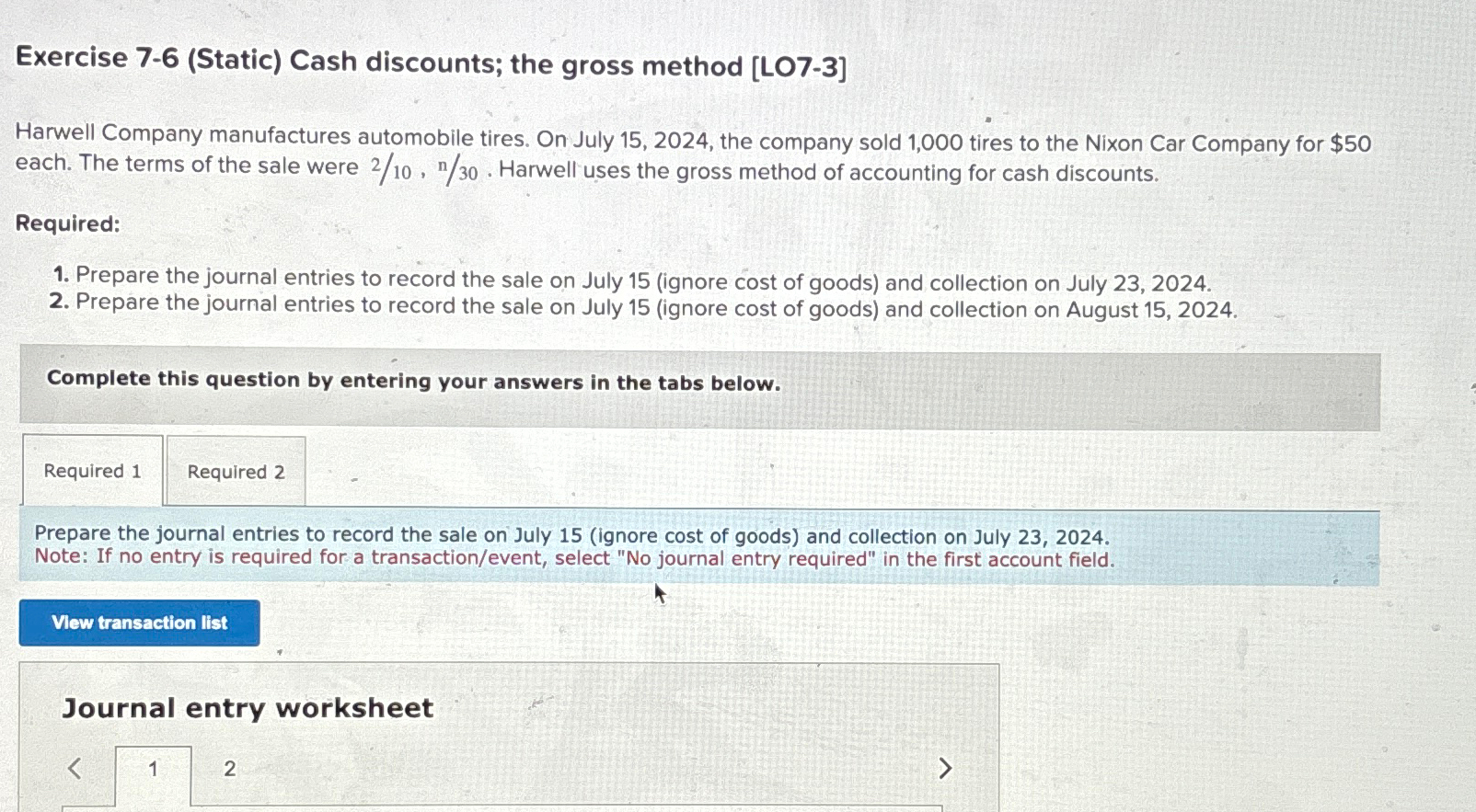 Solved Exercise 7-6 (Static) ﻿Cash discounts; the gross | Chegg.com