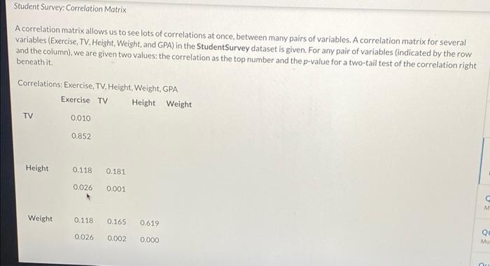 Solved Student Survey: Correlation Matrix A correlation | Chegg.com