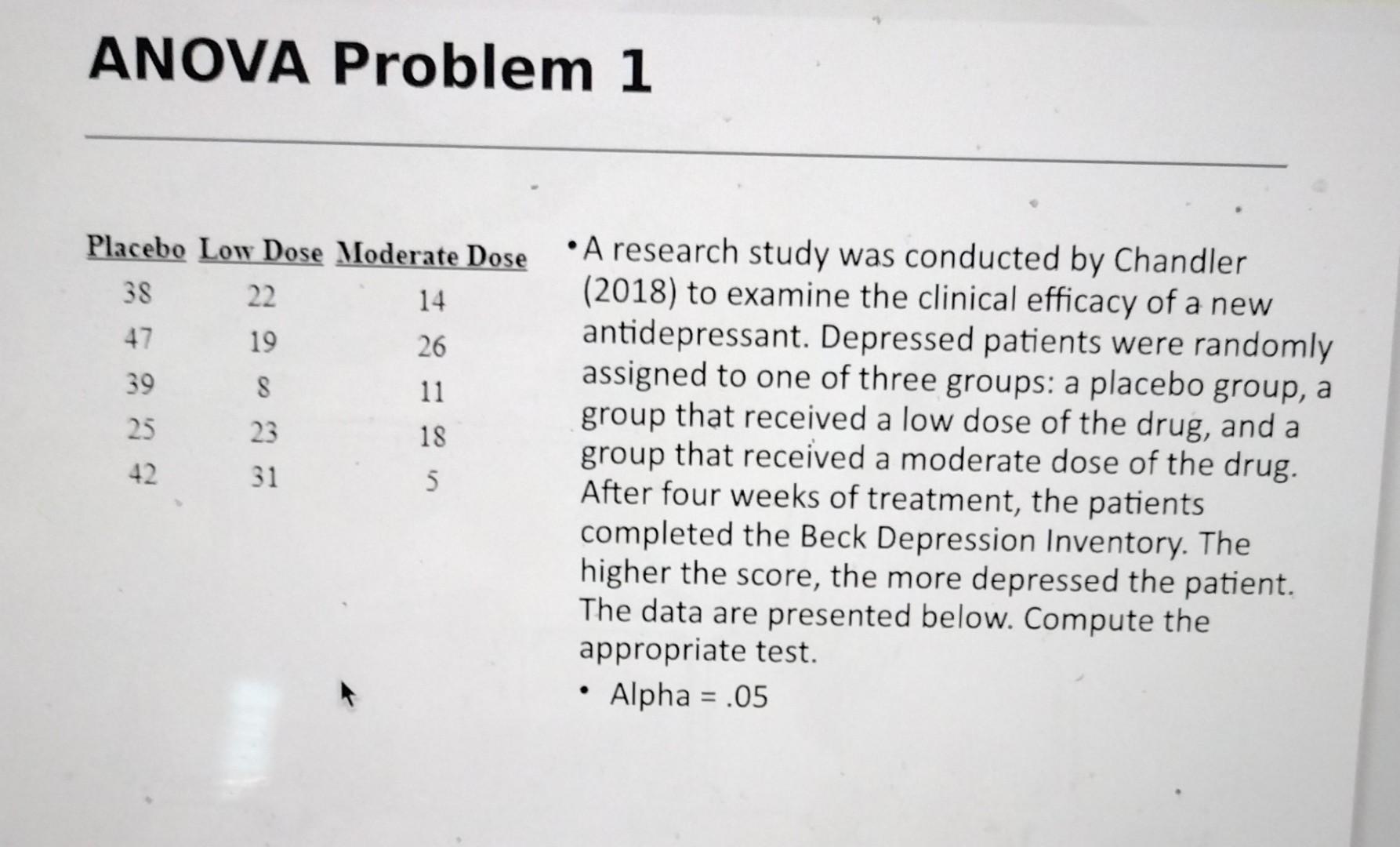 Solved ANOVA Problem 1 - A research study was conducted by | Chegg.com