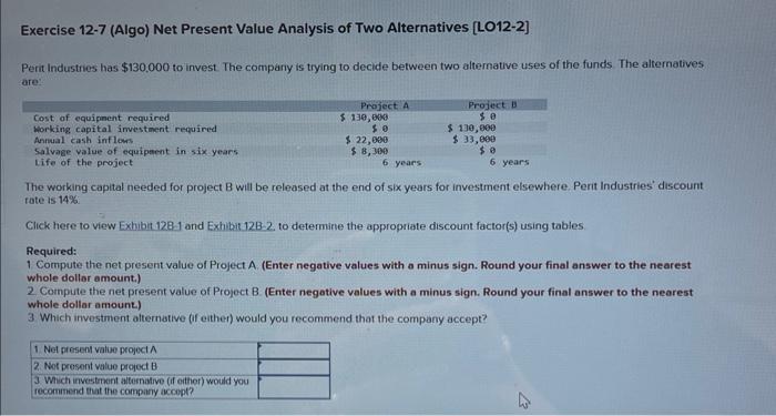 Solved Exercise 12-7 (Algo) Net Present Value Analysis of | Chegg.com