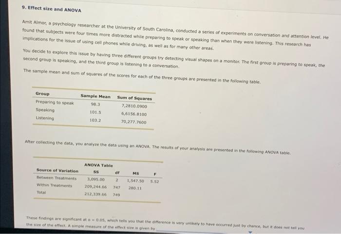 Solved 9. Effect size and ANOVA Amit Almor, a psychology | Chegg.com