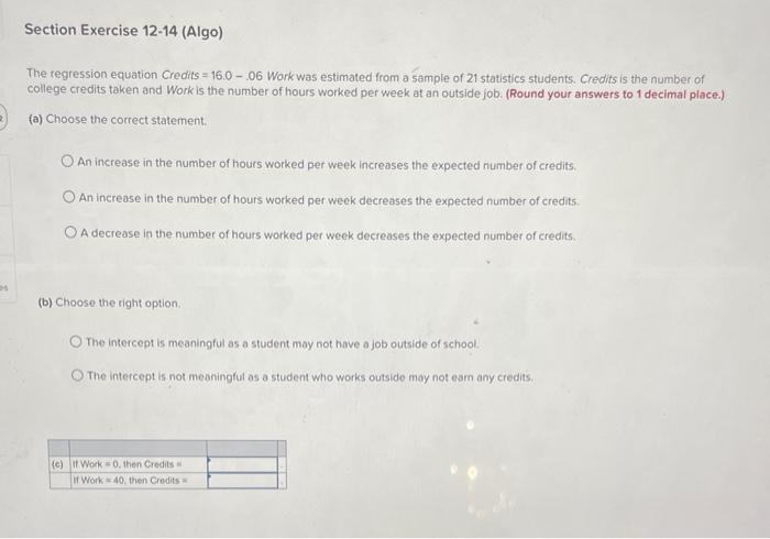 Solved Section Exercise 12-14 (Algo) The regression equation | Chegg.com