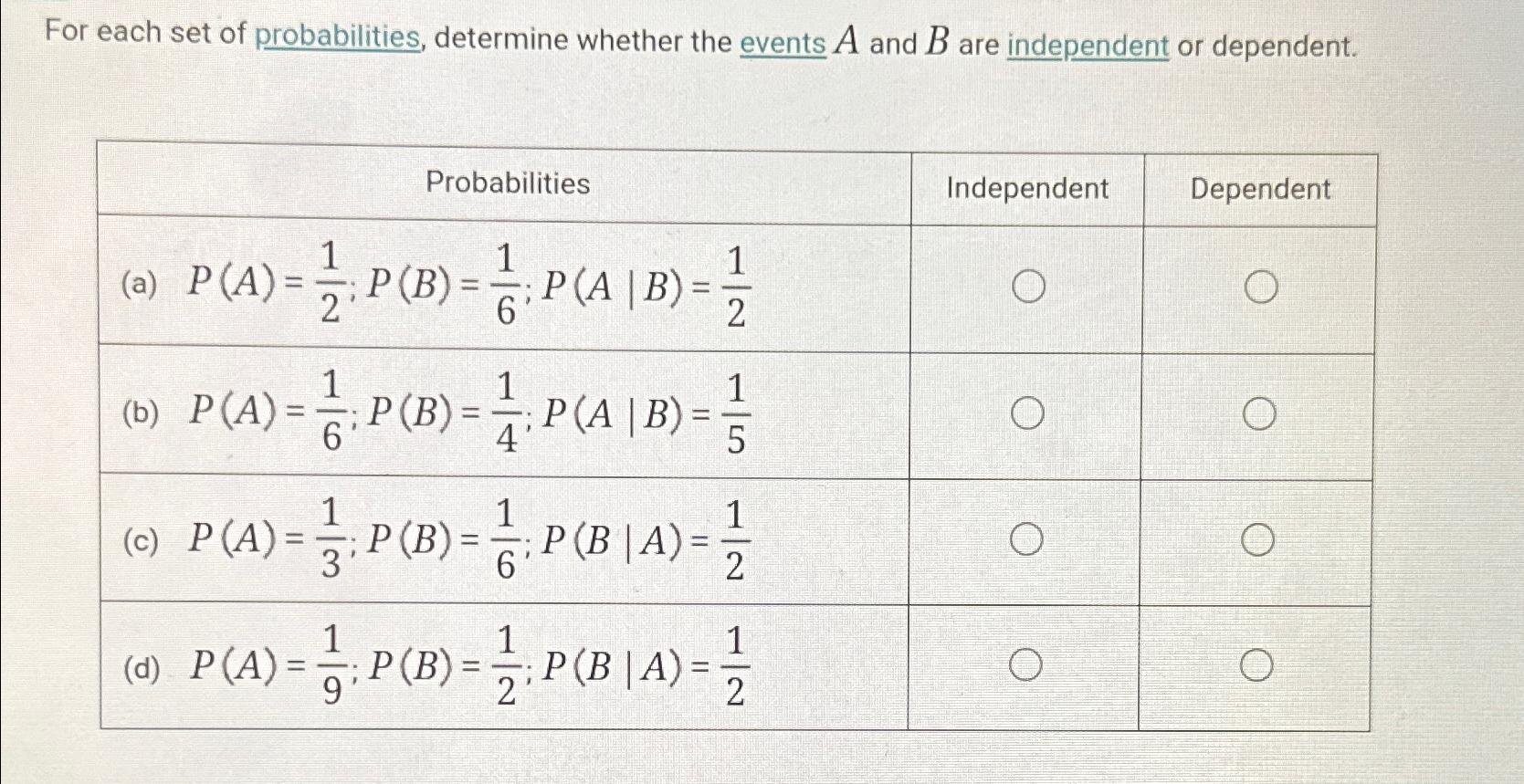 Solved For each set of probabilities, determine whether the | Chegg.com
