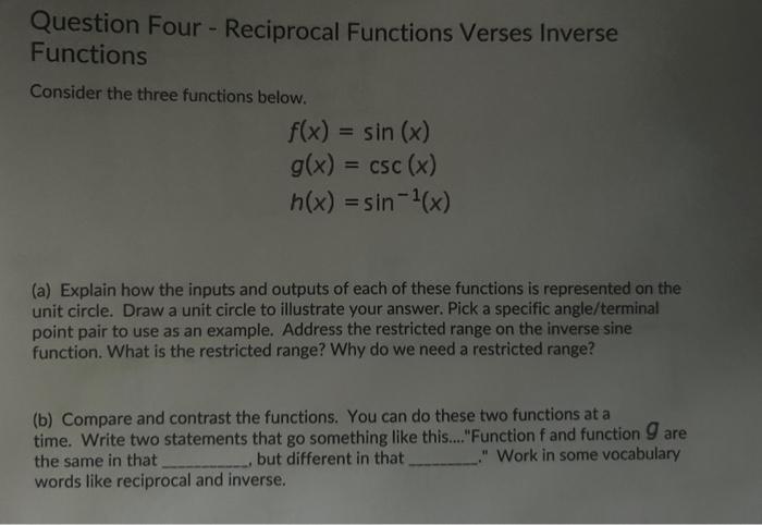 Solved Question Four - Reciprocal Functions Verses Inverse | Chegg.com