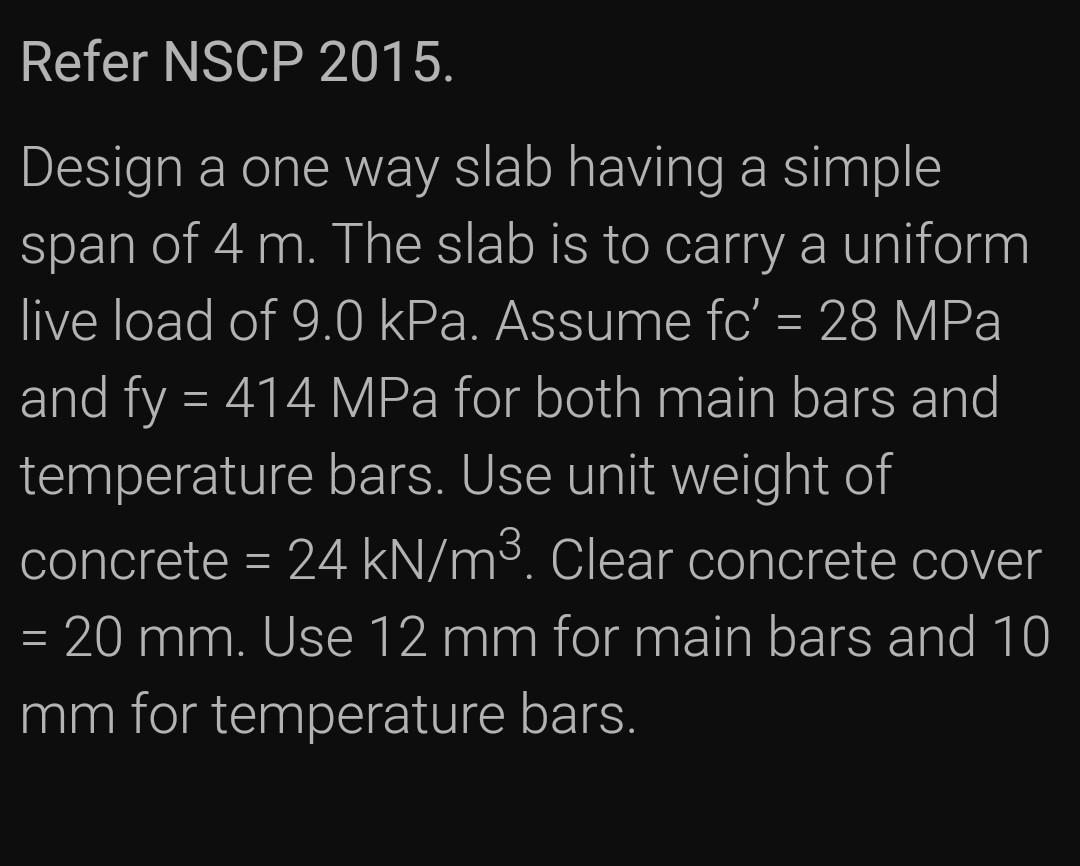 Solved Refer NSCP 2015. - = Design a one way slab having a | Chegg.com