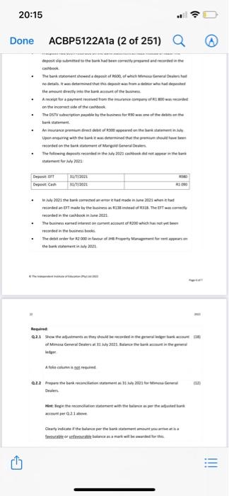The following infermaton of Mimosa General Dealers | Chegg.com