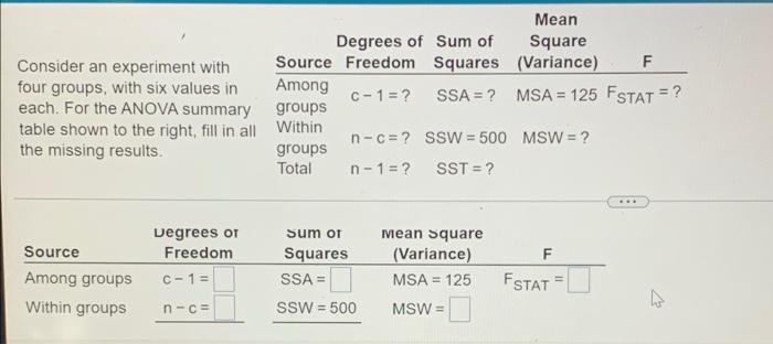 Solved Mean Degrees of Sum of Square Consider an experiment | Chegg.com