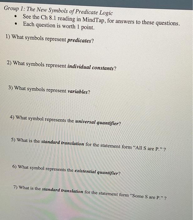 Group 1: The New Symbols of Predicate Logic - See the | Chegg.com