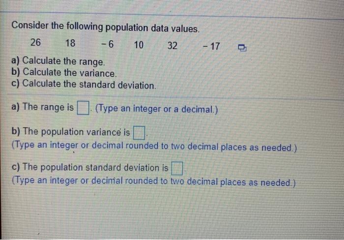Solved Consider the following population data values. 26 18 | Chegg.com