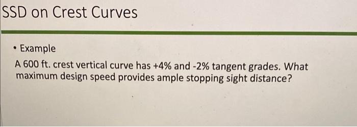 Solved SSD on Crest Curves • Example A 600 ft. crest | Chegg.com