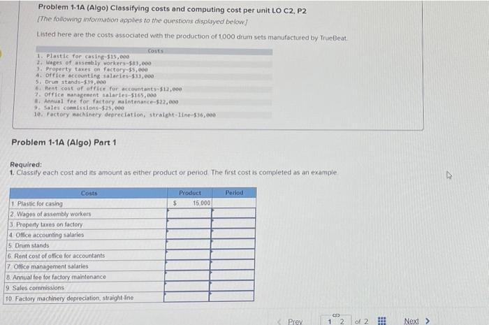 Solved Problem 1-1A (Algo) Classifying costs and computing | Chegg.com