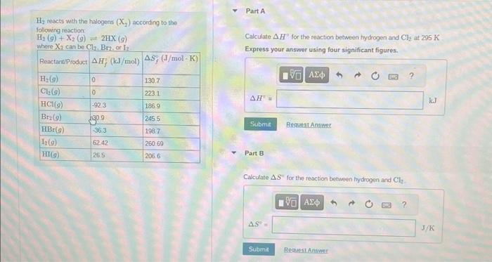 Solved Part A H2 reacts with the halogens (X2) according to | Chegg.com