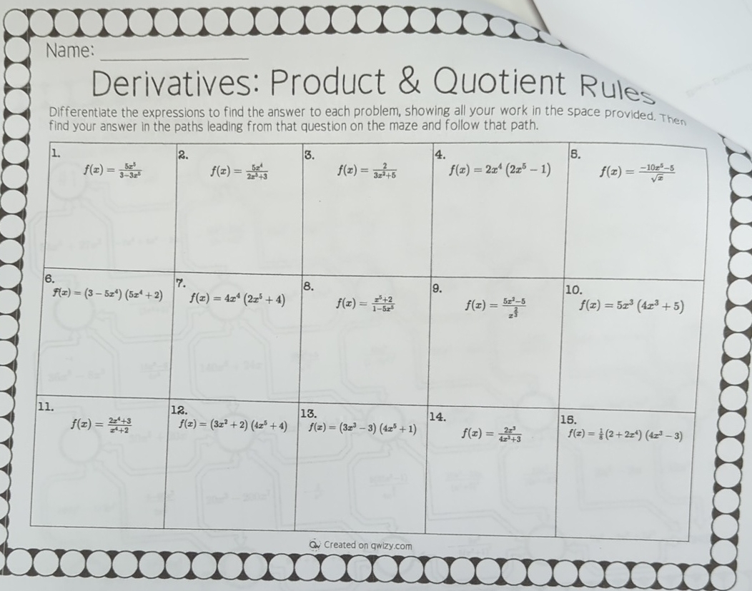 Solved Name:Derivatives: Product & Quotient | Chegg.com