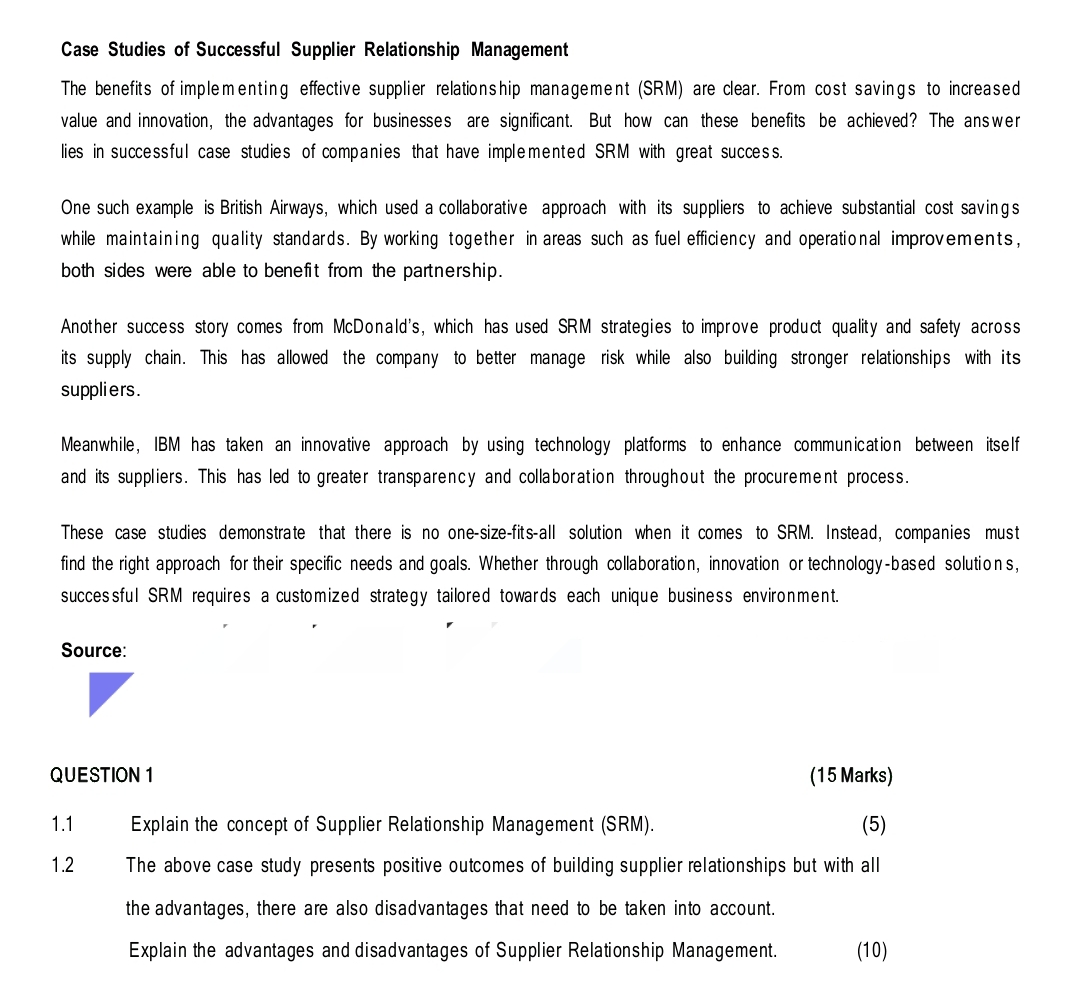 Solved Case Studies of Successful Supplier Relationship | Chegg.com