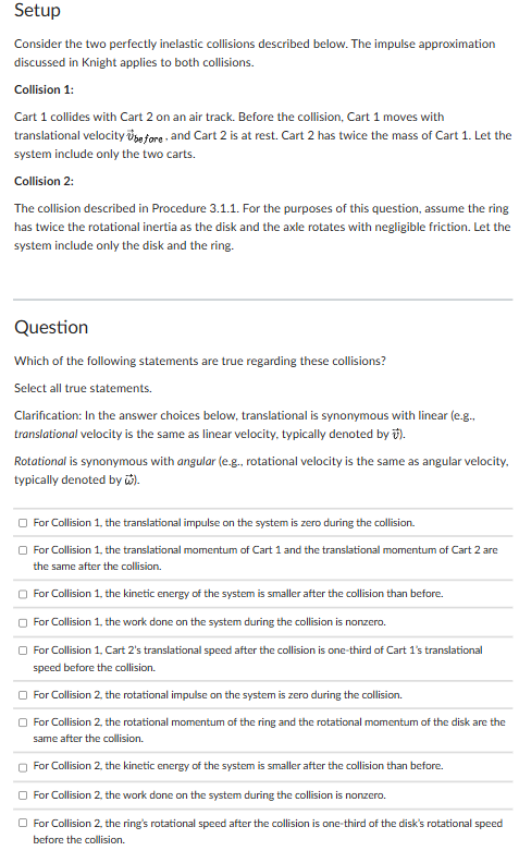 Solved Setup Consider the two perfectly inelastic collisions | Chegg.com