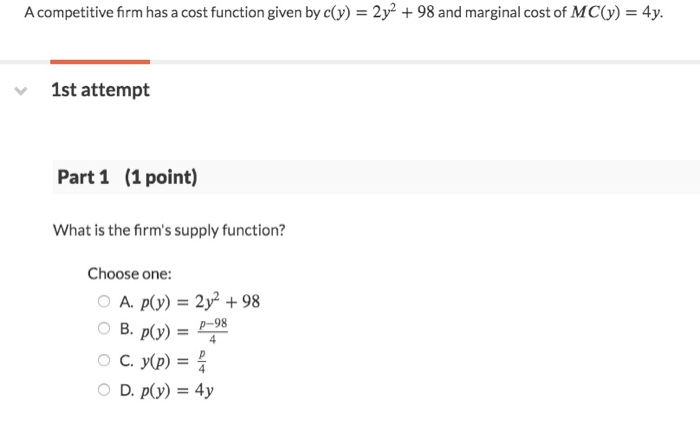 Solved A competitive firm has a cost function given by c(y) | Chegg.com