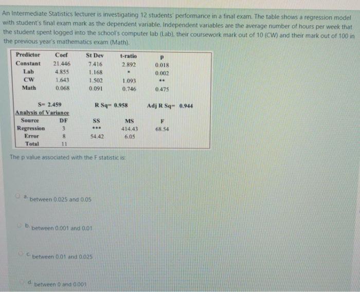 Solved An Intermediate Statistics lecturer is investigating | Chegg.com
